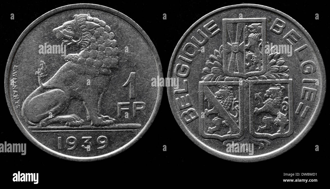 1 Franc coin, lion, Belgium, 1939 Stock Photo - Alamy