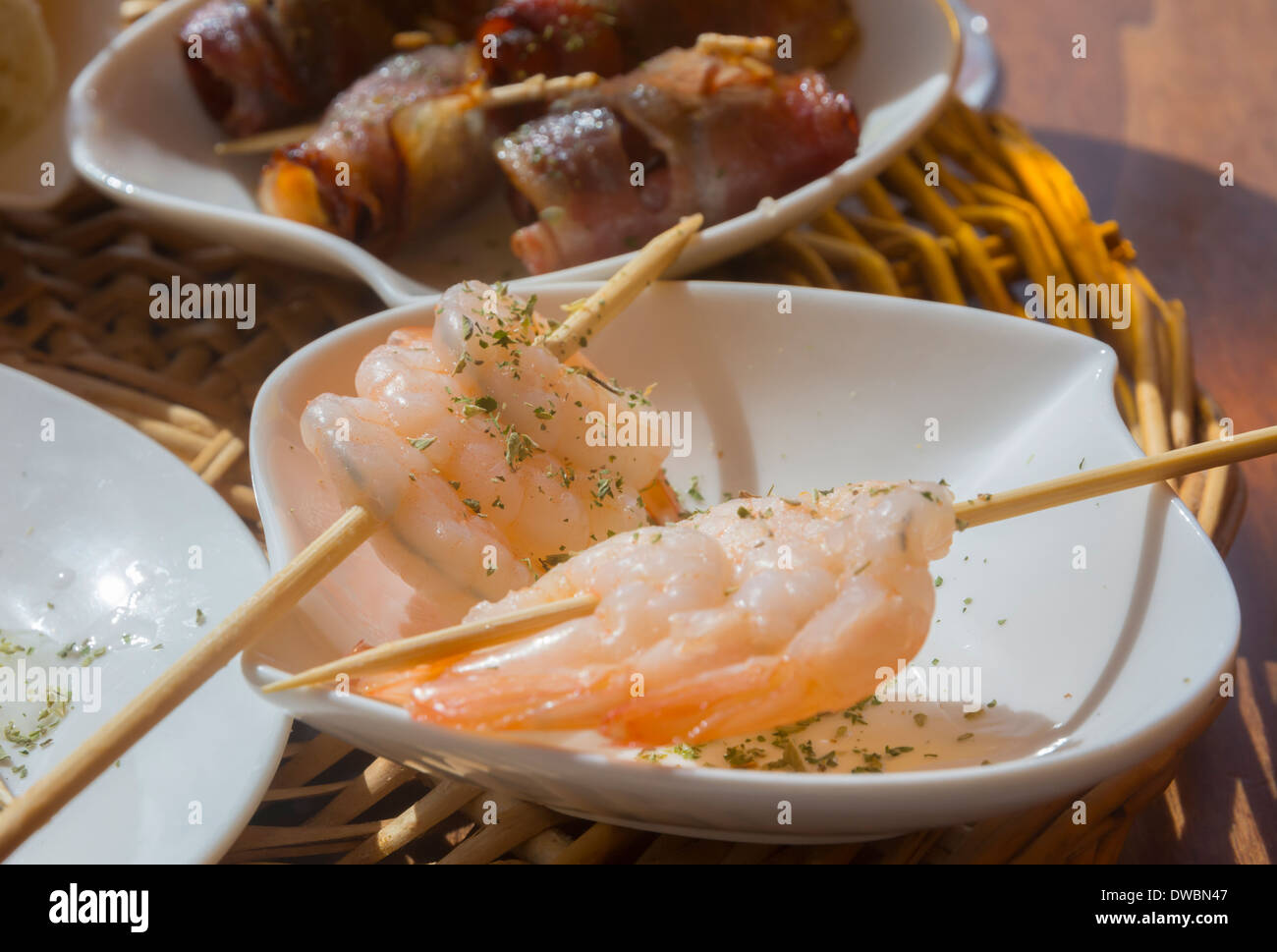 Shrimp tapas on sticks. Tapas on sticks in a restaurant. Mallorca ...