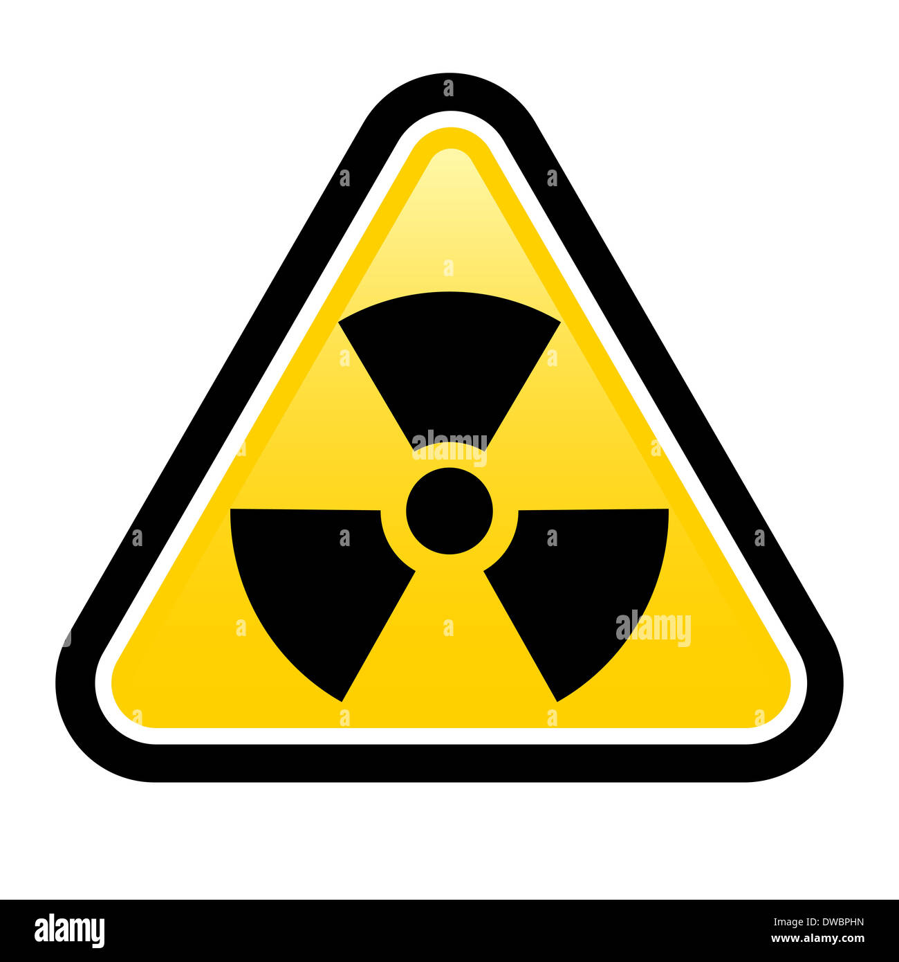 Yellow triangle sign with a radiation symbol on white glossy plane ...