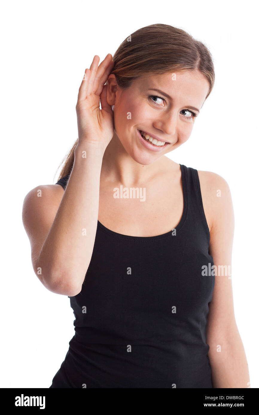 Woman curious listening something, isolated on white Stock Photo - Alamy