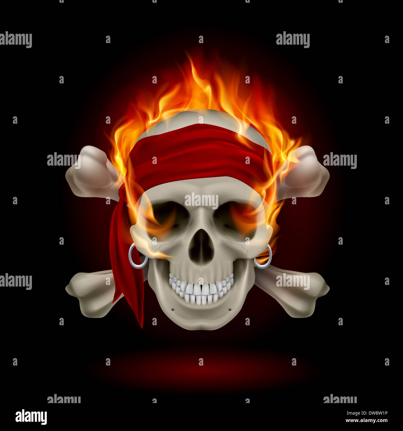 Pirate Skull in Flames. Illustration on black Stock Photo - Alamy