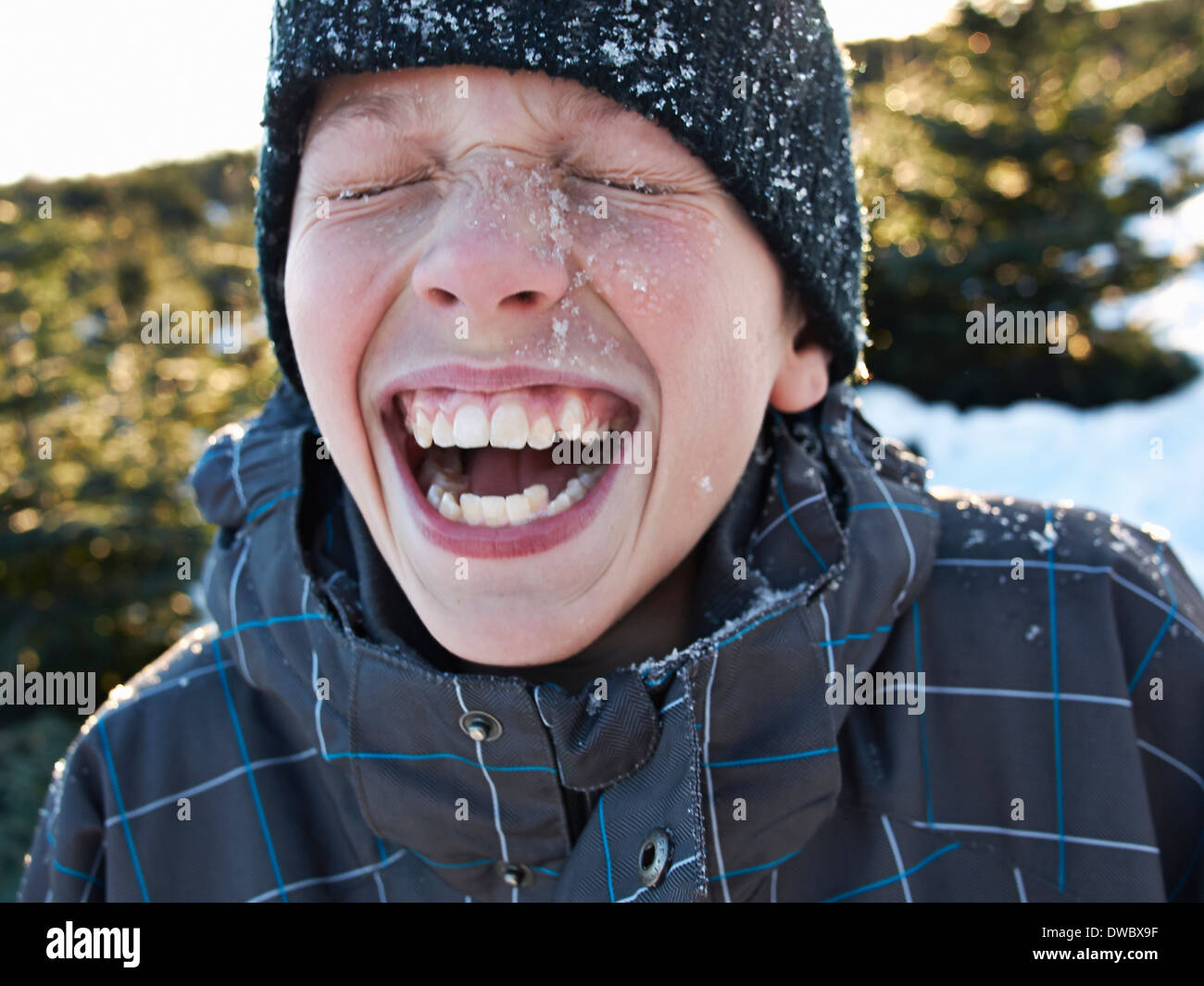 Portrait of boy laughing with eyes closed Stock Photo - Alamy