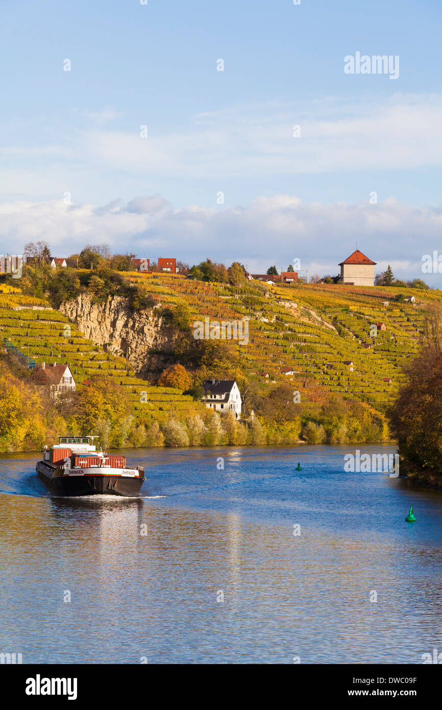 Germany, Baden-Wuerttemberg, Stuttgart, container ship on Neckar river ...