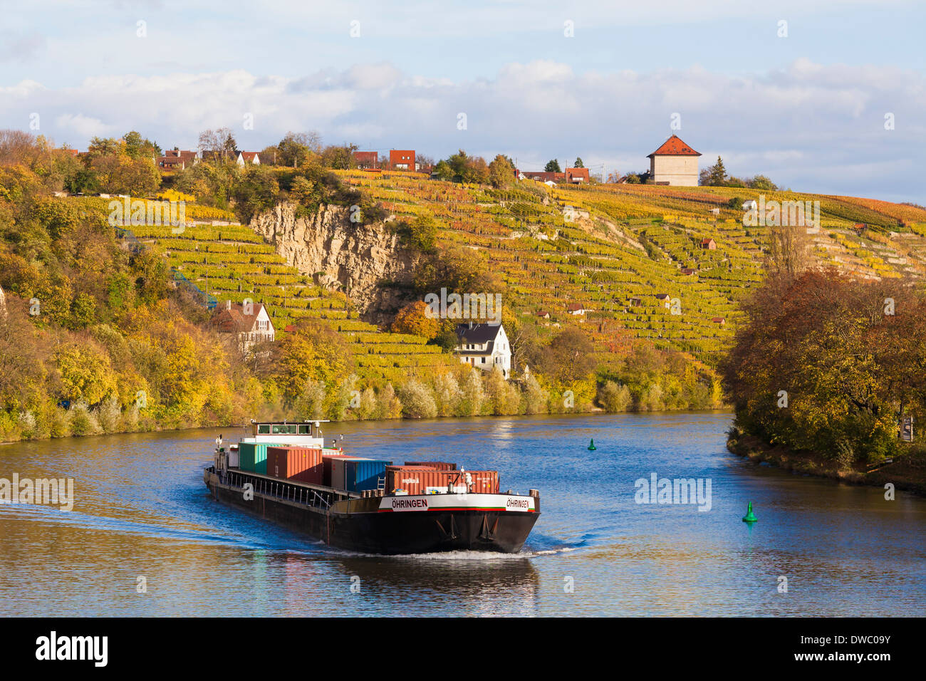 Germany, Baden-Wuerttemberg, Stuttgart, container ship on Neckar river ...
