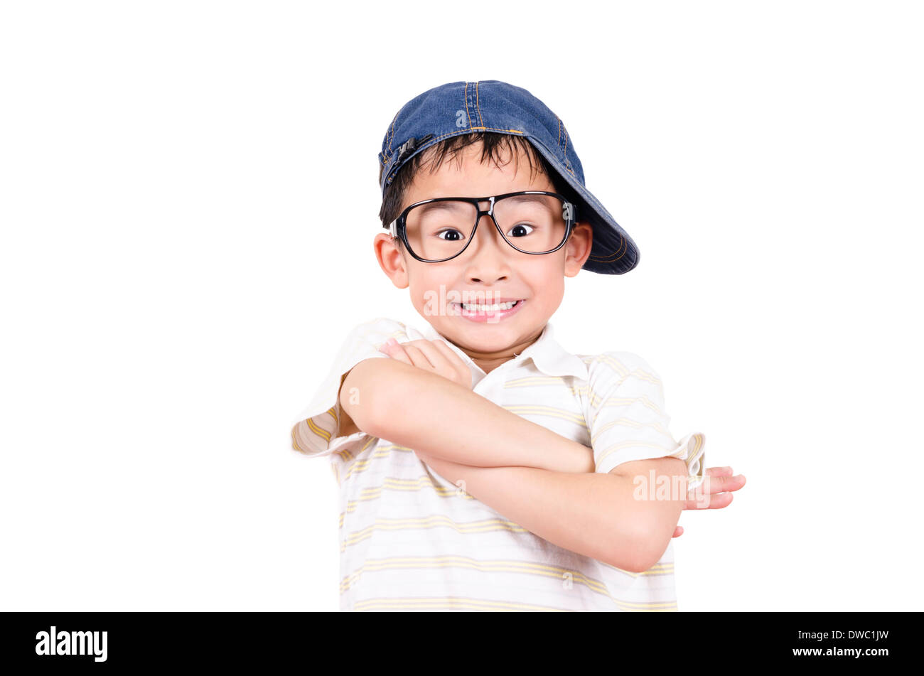 Cute little boy arm folded on white background Stock Photo - Alamy