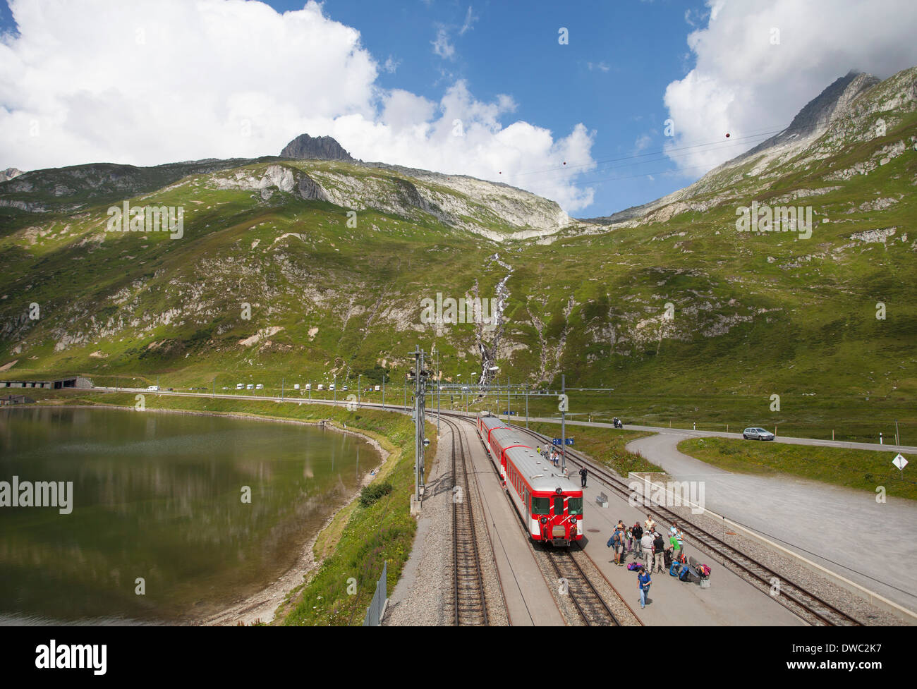 Switzerland, Grisons, Lake Oberalpsee and Oberalp Pass with Bernina ...