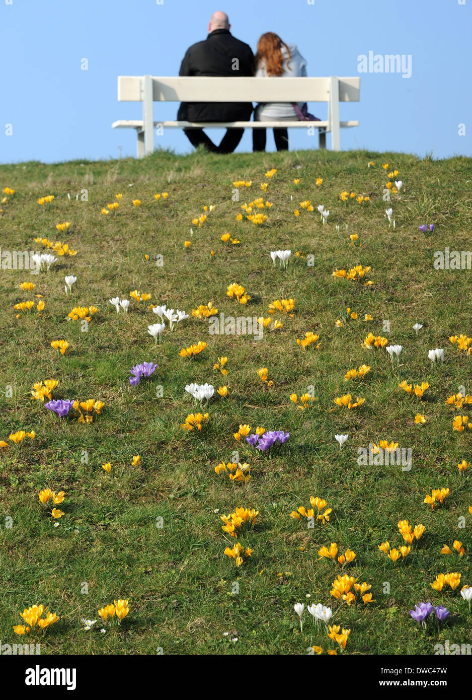 Two people sit on a bench during a visit to the North Sea dike in ...