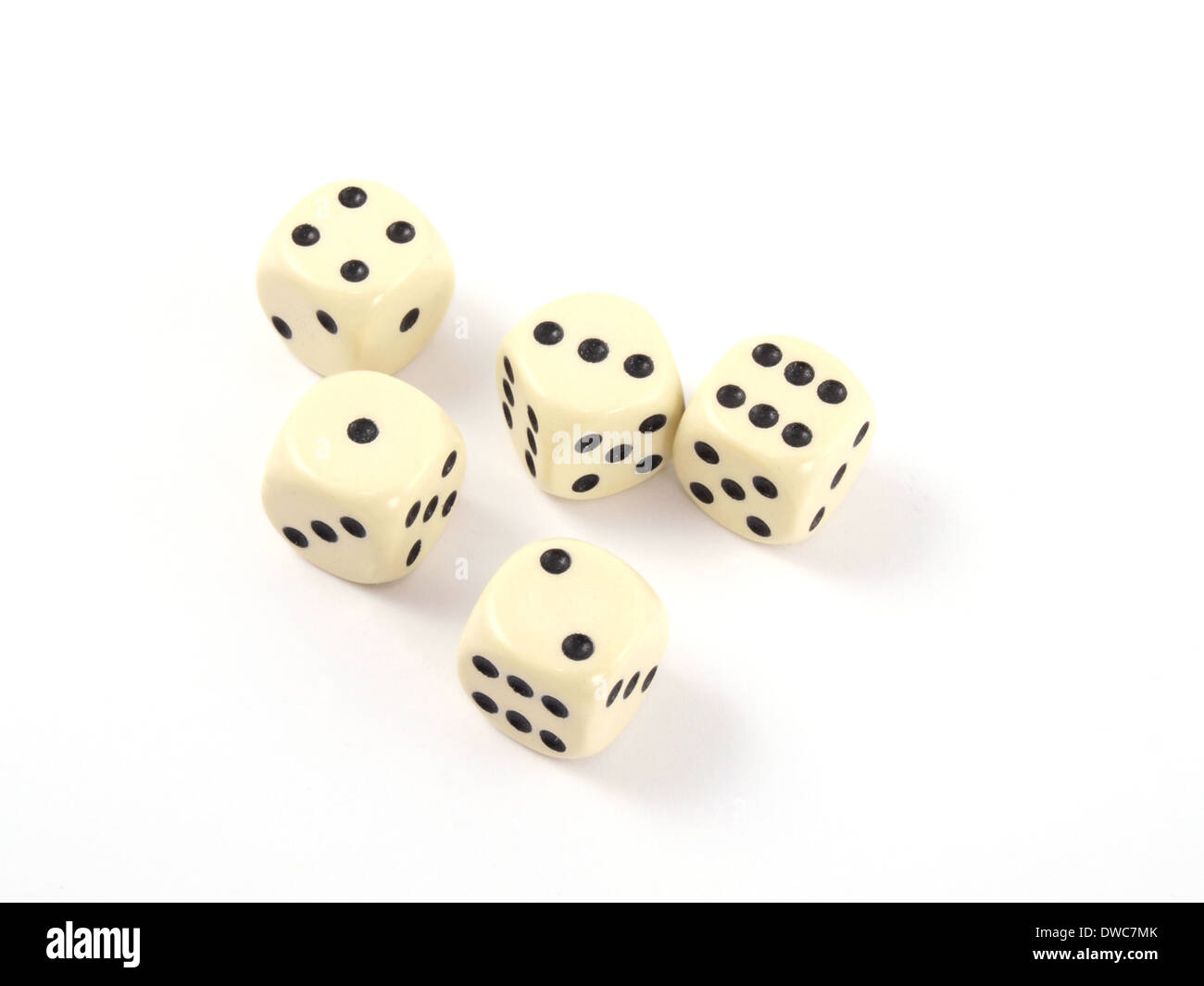 Close up photo of five dice on a white background Stock Photo - Alamy