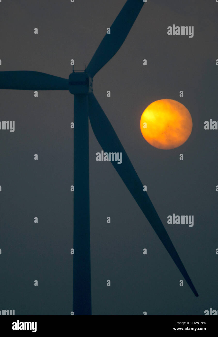 Grimmen, Germany. 03rd Mar, 2014. The sun sets behind a wind turbine ...