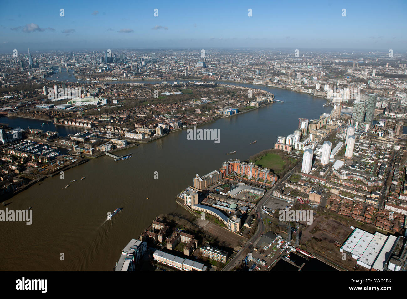 An aerial view of the River Thames looking to the City of London Stock ...
