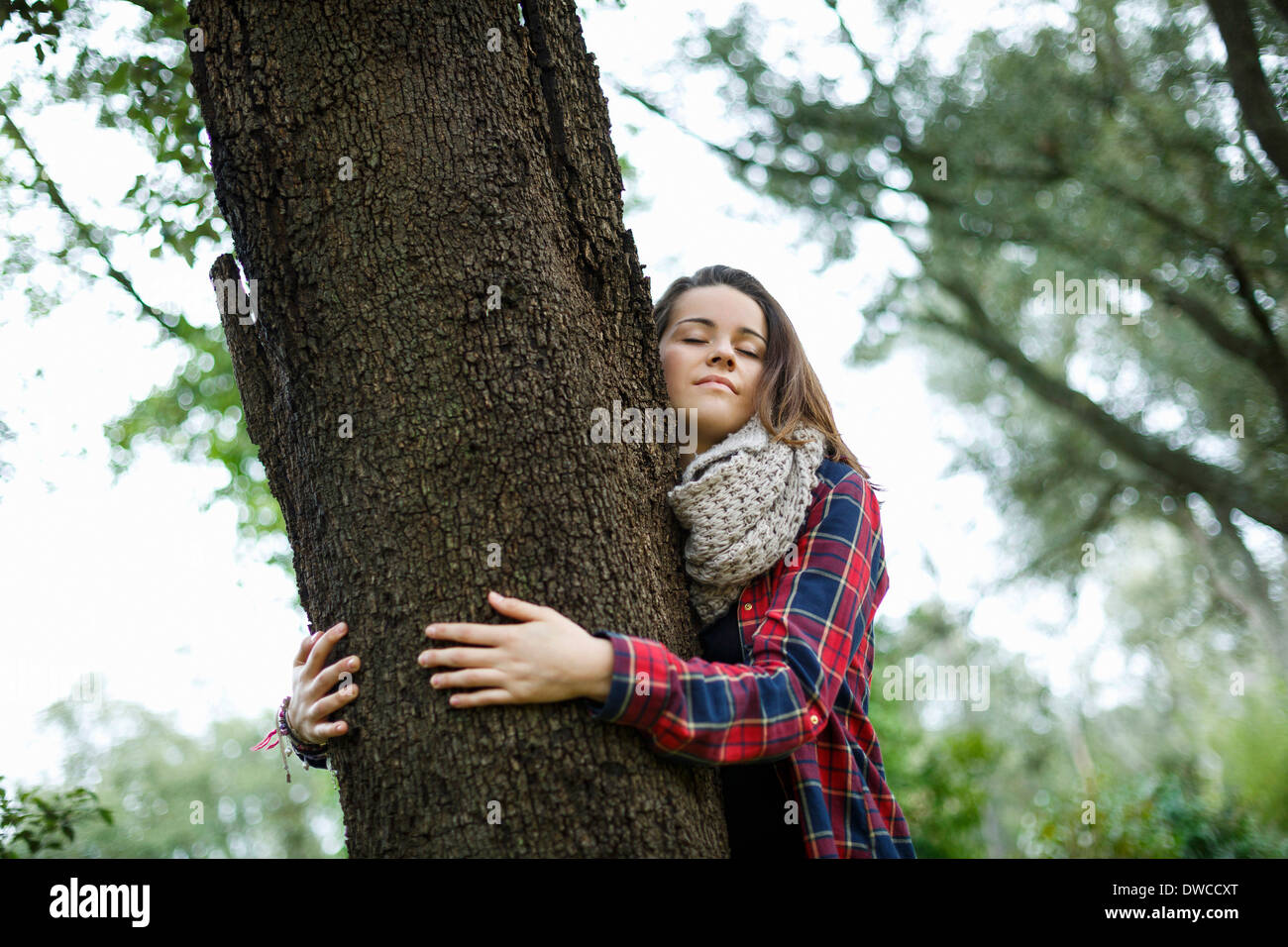 Teenage girl hugging tree in forest Stock Photo - Alamy