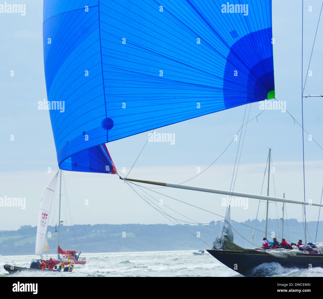 J-class yacht k7 Velsheda and crew during 2012 Solent regatta charging ...