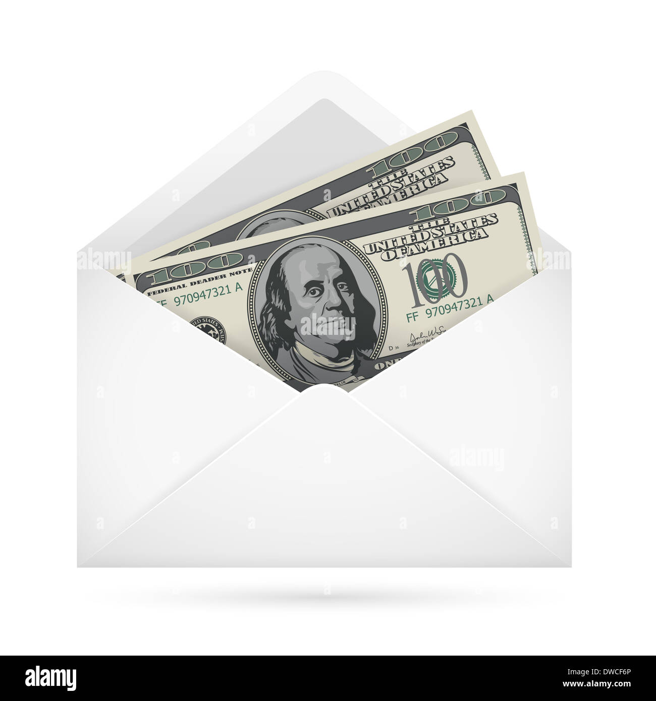 Open envelope containing dollar banknotes on a white background Stock ...