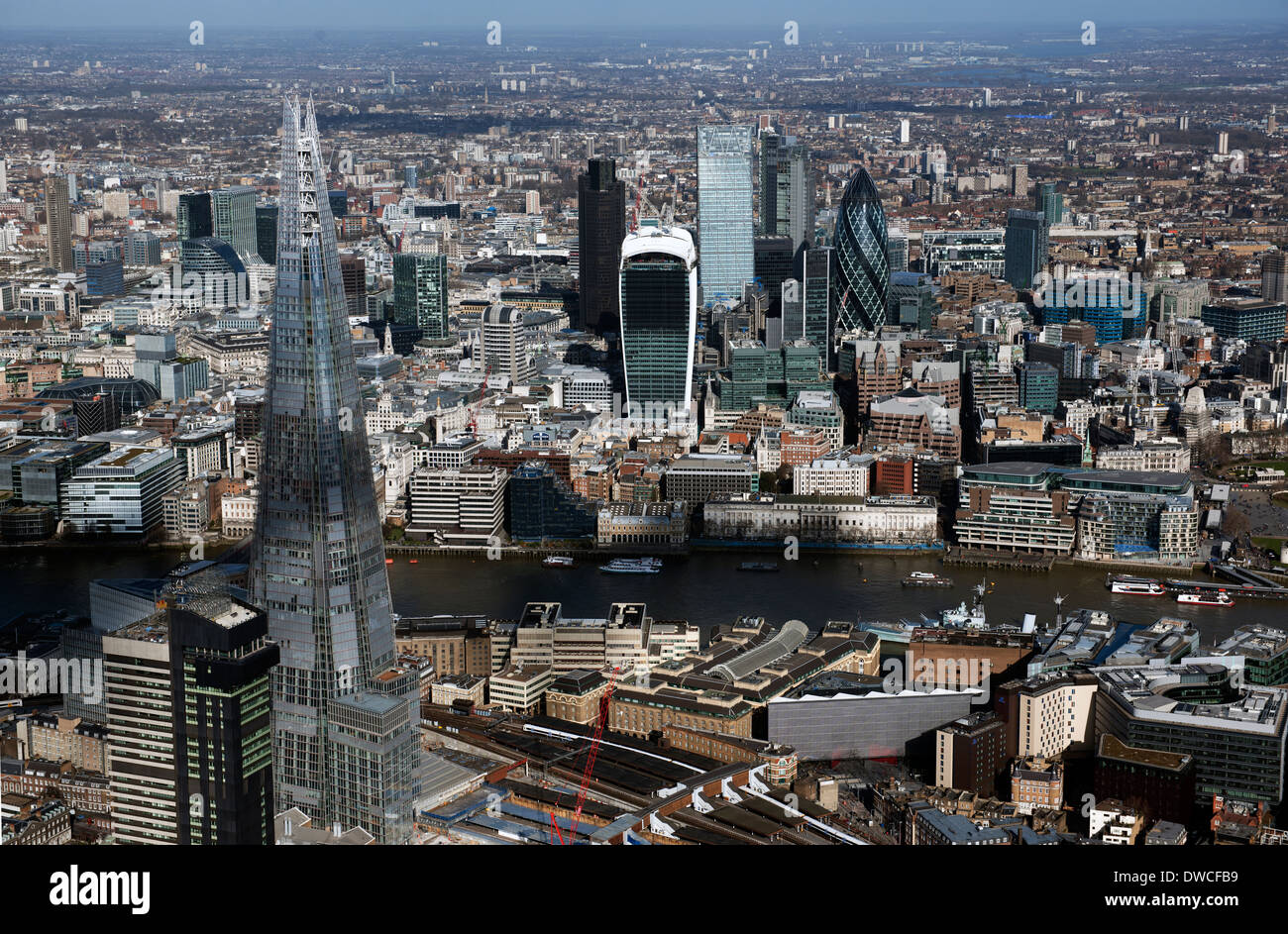 Aerial view of the City of London with the Shard in the foreground ...