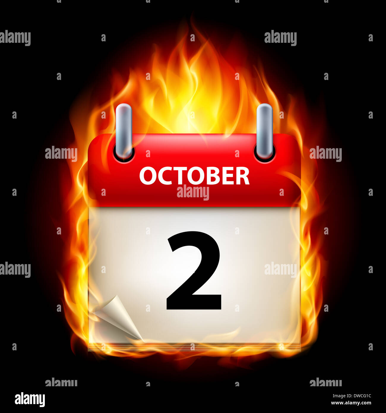 Second October in Calendar. Burning Icon on black background Stock ...
