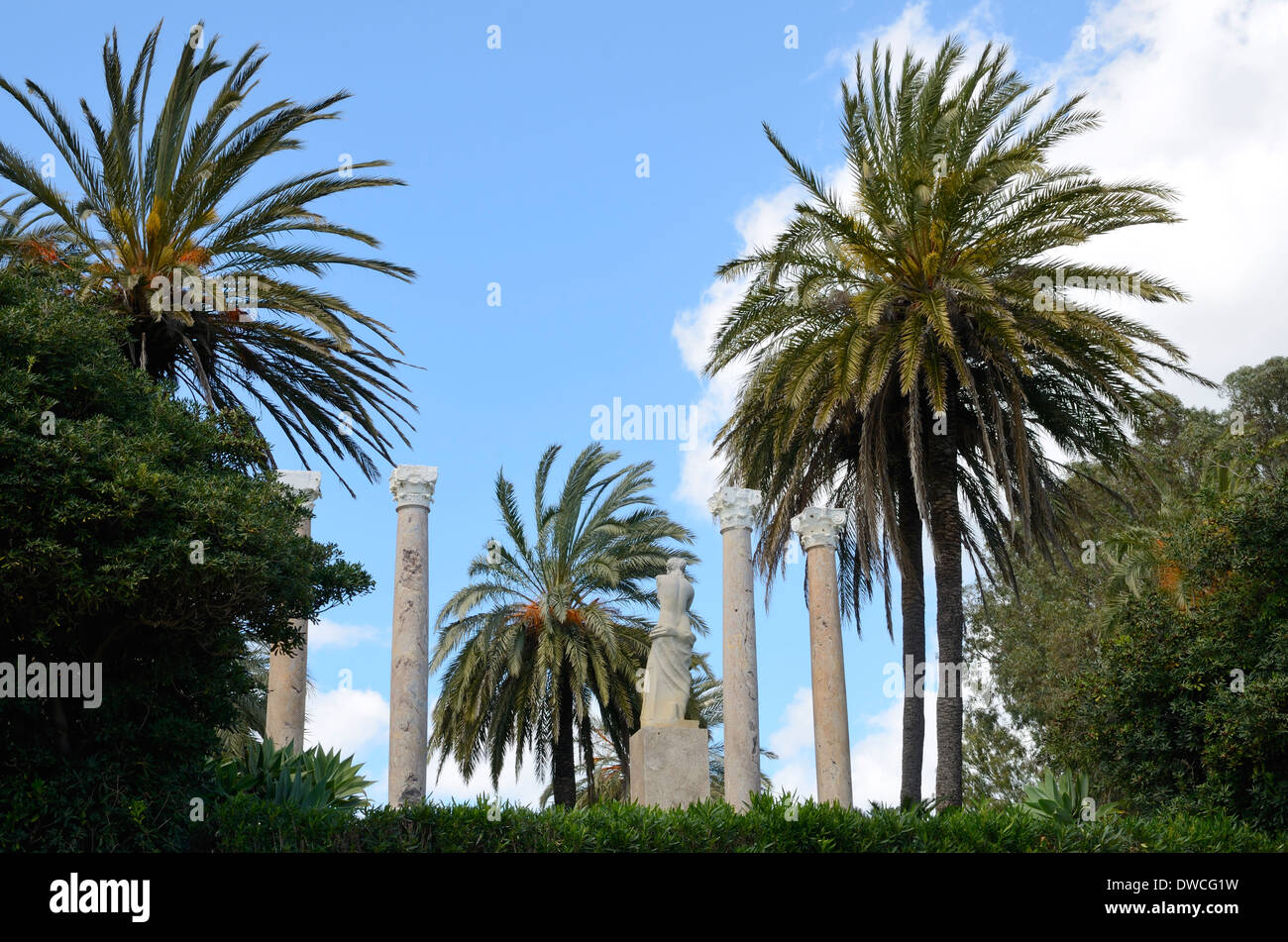 Decorated garden with roman columns and palms Stock Photo - Alamy