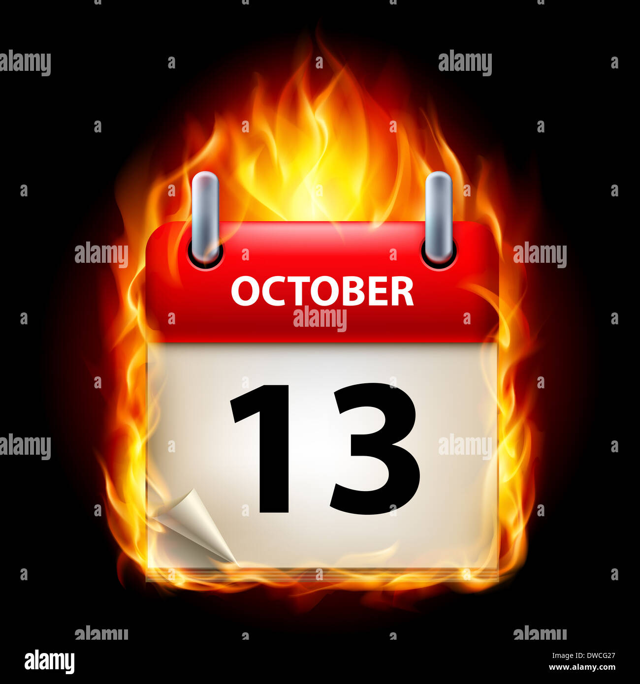 Thirteenth October in Calendar. Burning Icon on black background Stock ...