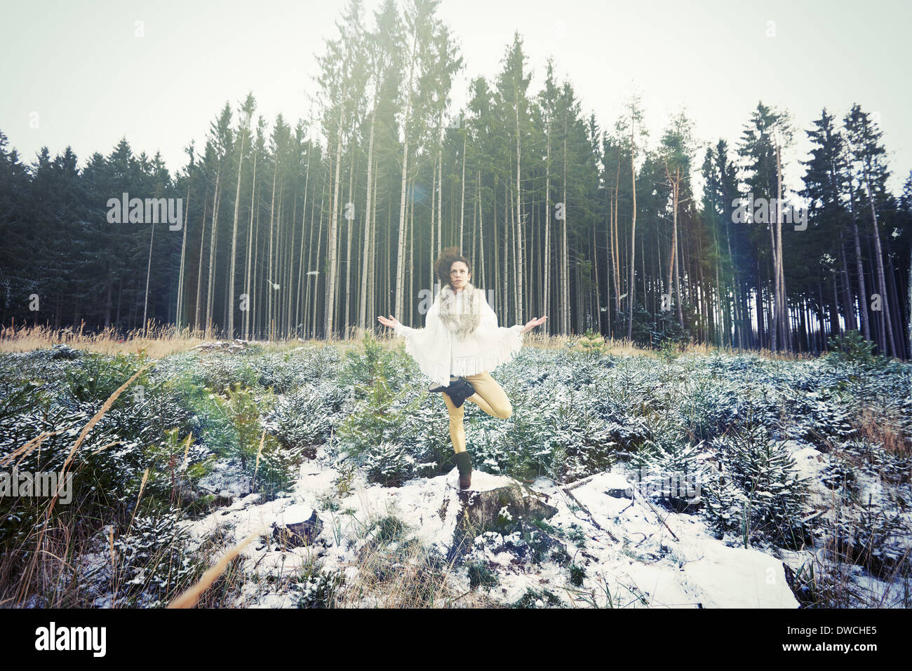 Mid adult woman practicing standing tree yoga pose in forest Stock ...