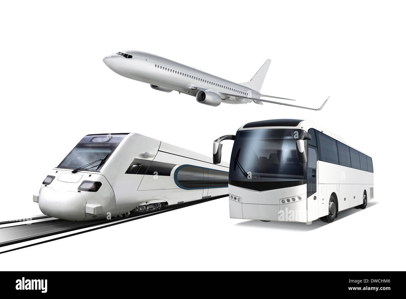 Collage of plane, train and bus isolated on white, transport for travel ...