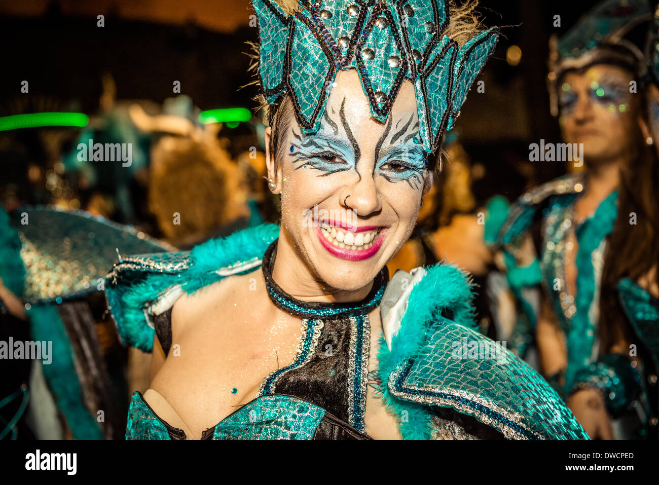 Sitges, Spain. March 4th, 2014: A reveler performs during the carnival ...