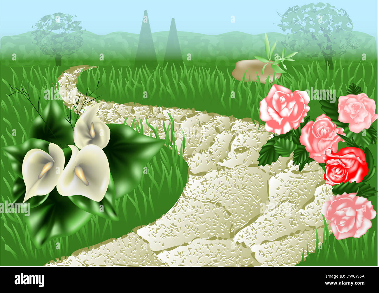 garden path between the flowers and grass Stock Photo - Alamy
