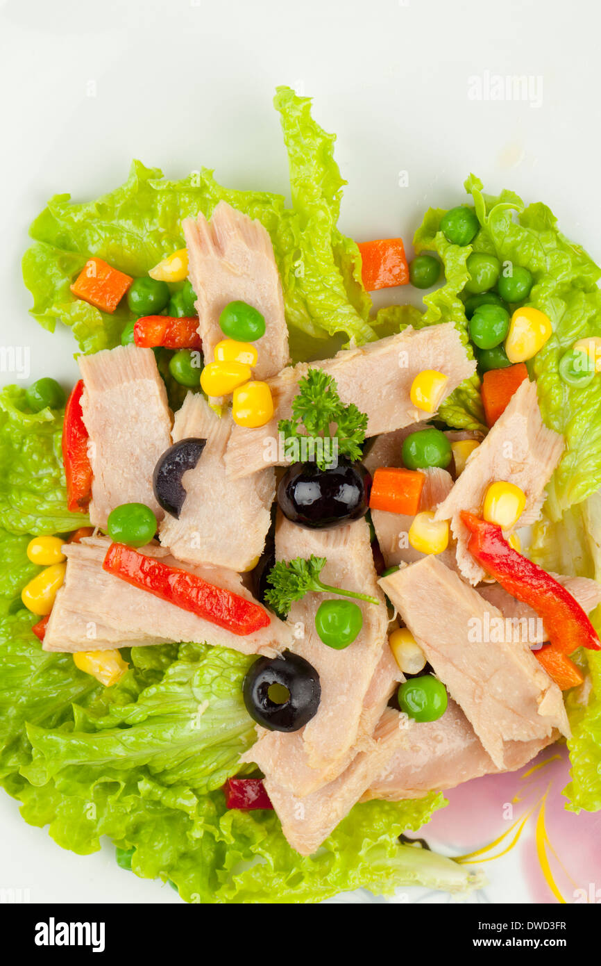 Canned tuna chunks with green salad and vegetables Stock Photo - Alamy