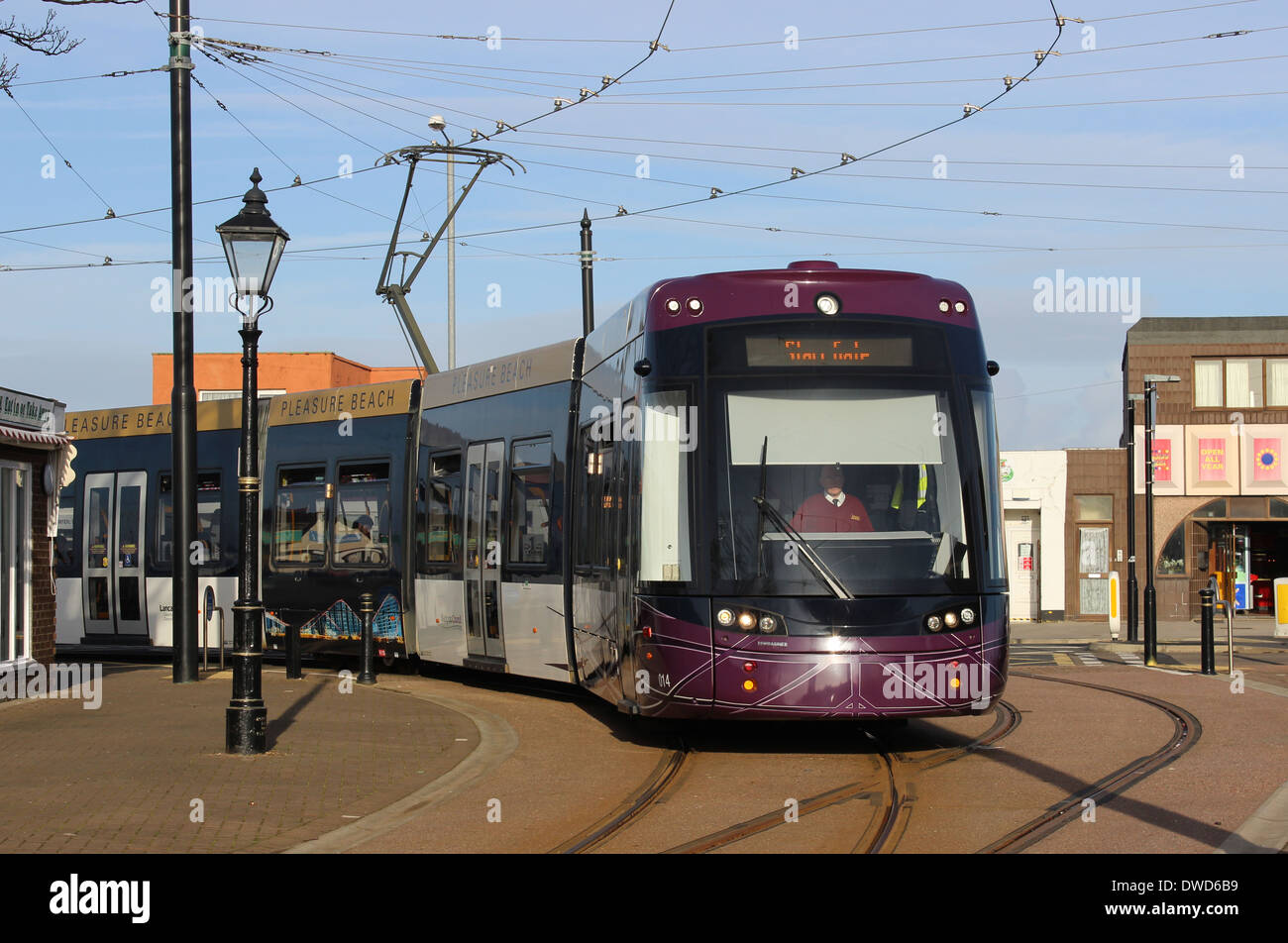New Blackpool tram rounding a curve as it leaves Fleetwood ferry with a ...