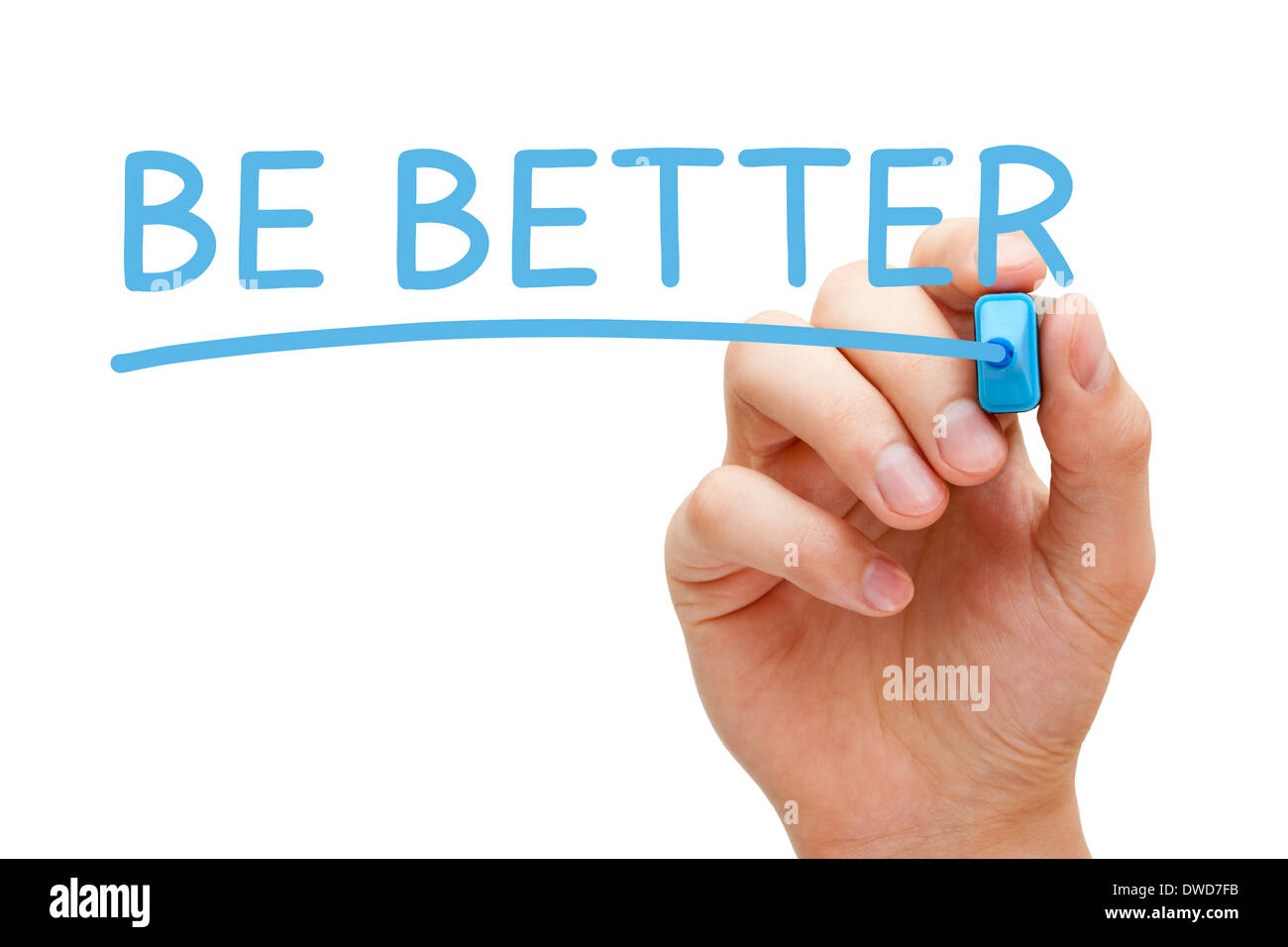 Hand writing Be Better with blue marker on transparent wipe board Stock ...