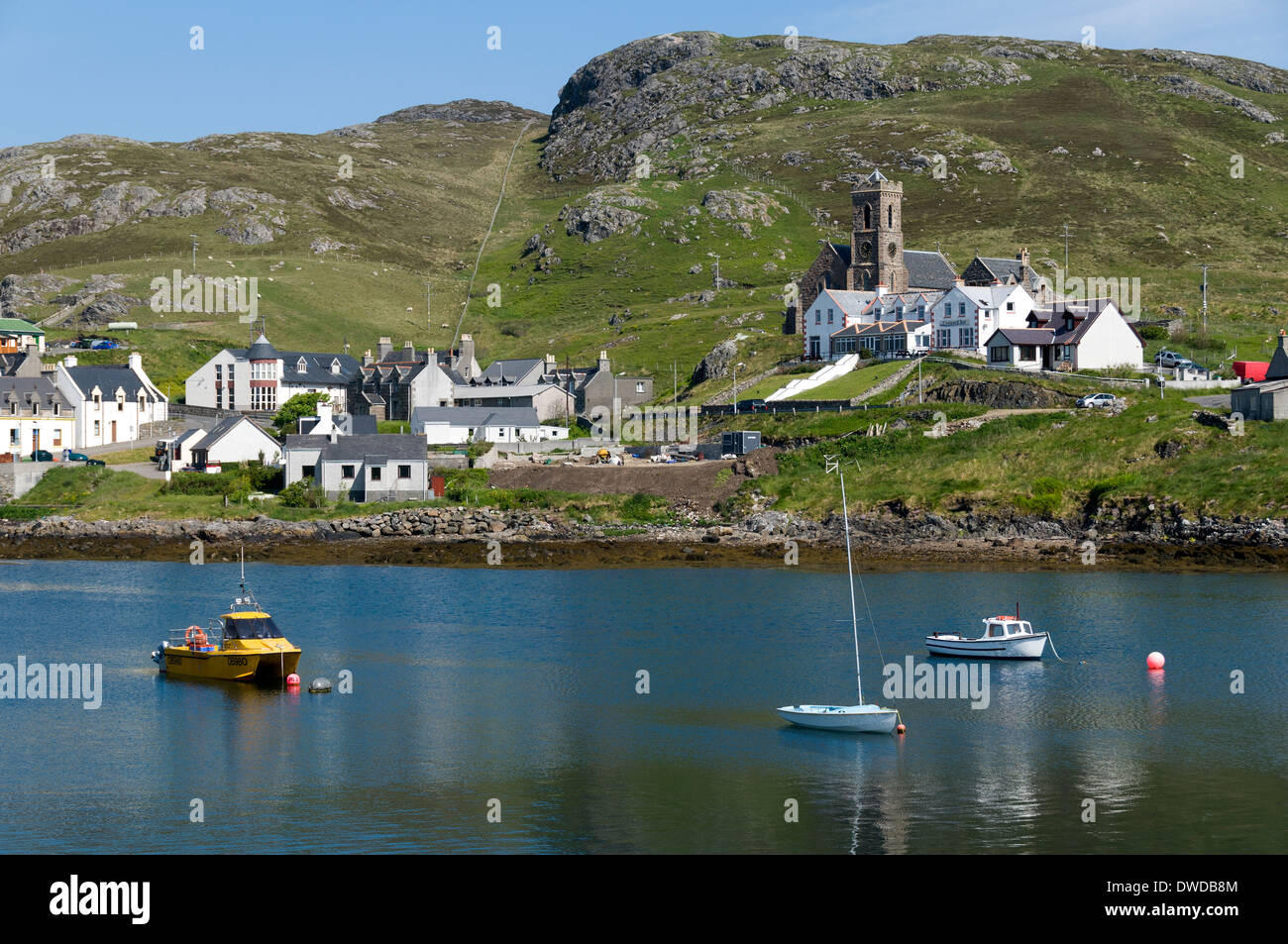 Castlebay village from across the bay, Isle of Barra, Western Isles ...