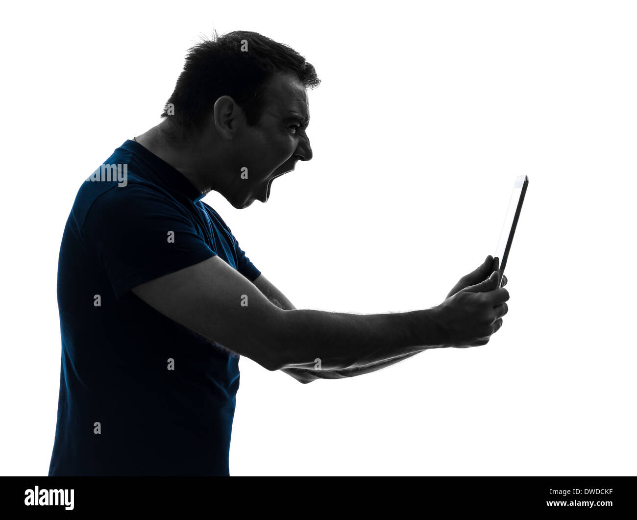 one man holding digital tablet screaming angry furious on white ...