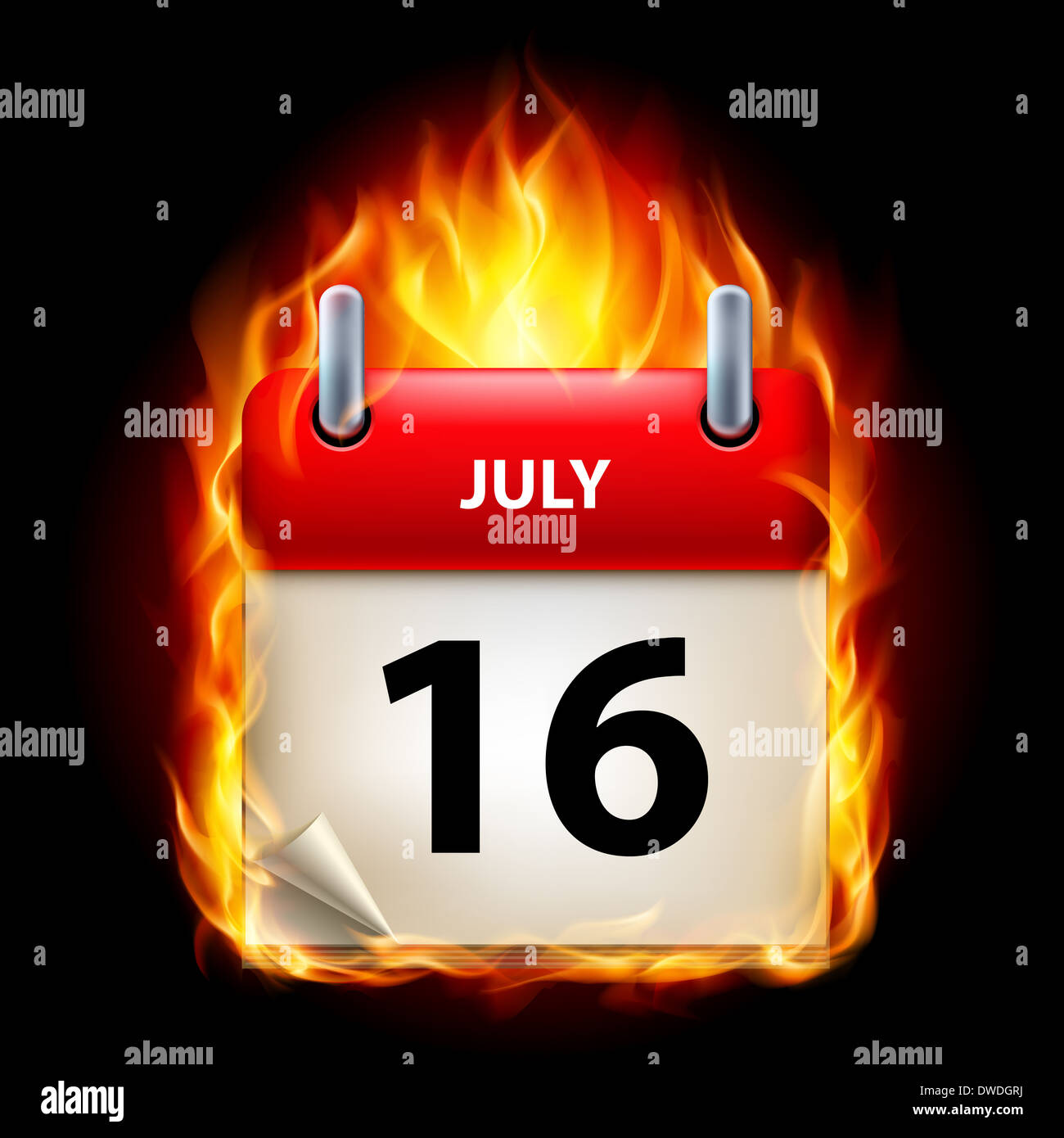 Sixteenth July in Calendar. Burning Icon on black background Stock ...