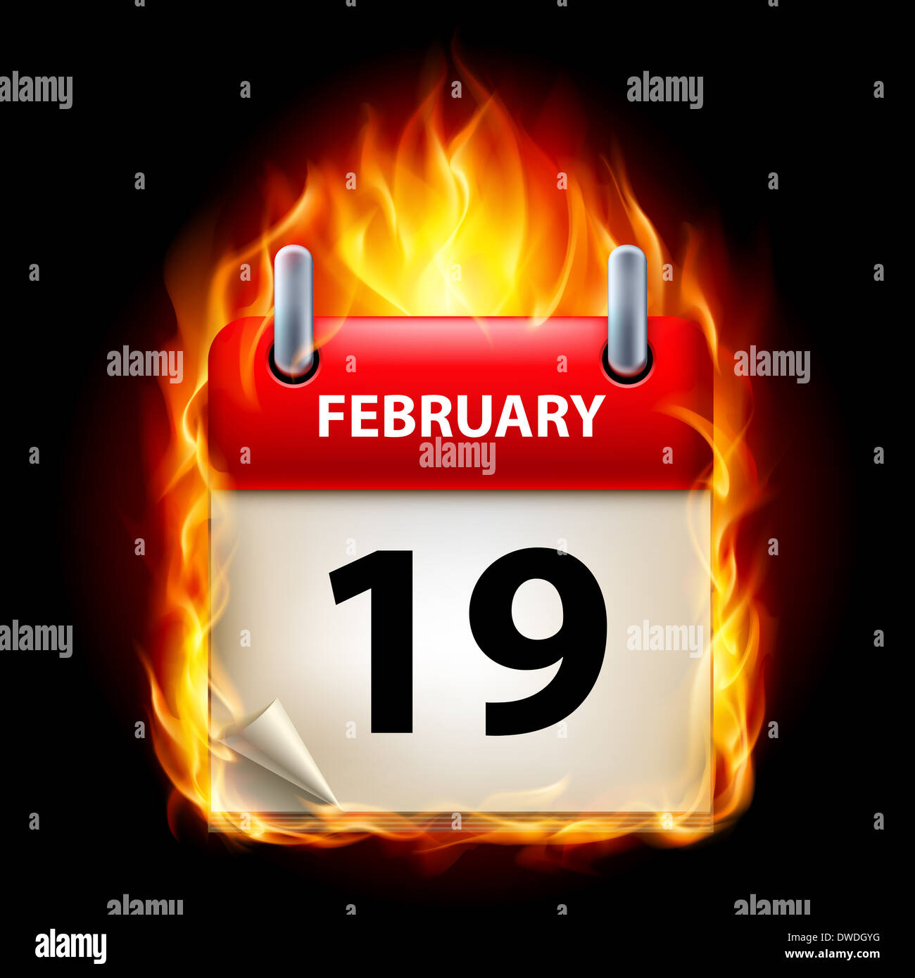 Nineteenth February in Calendar. Burning Icon on black background Stock ...