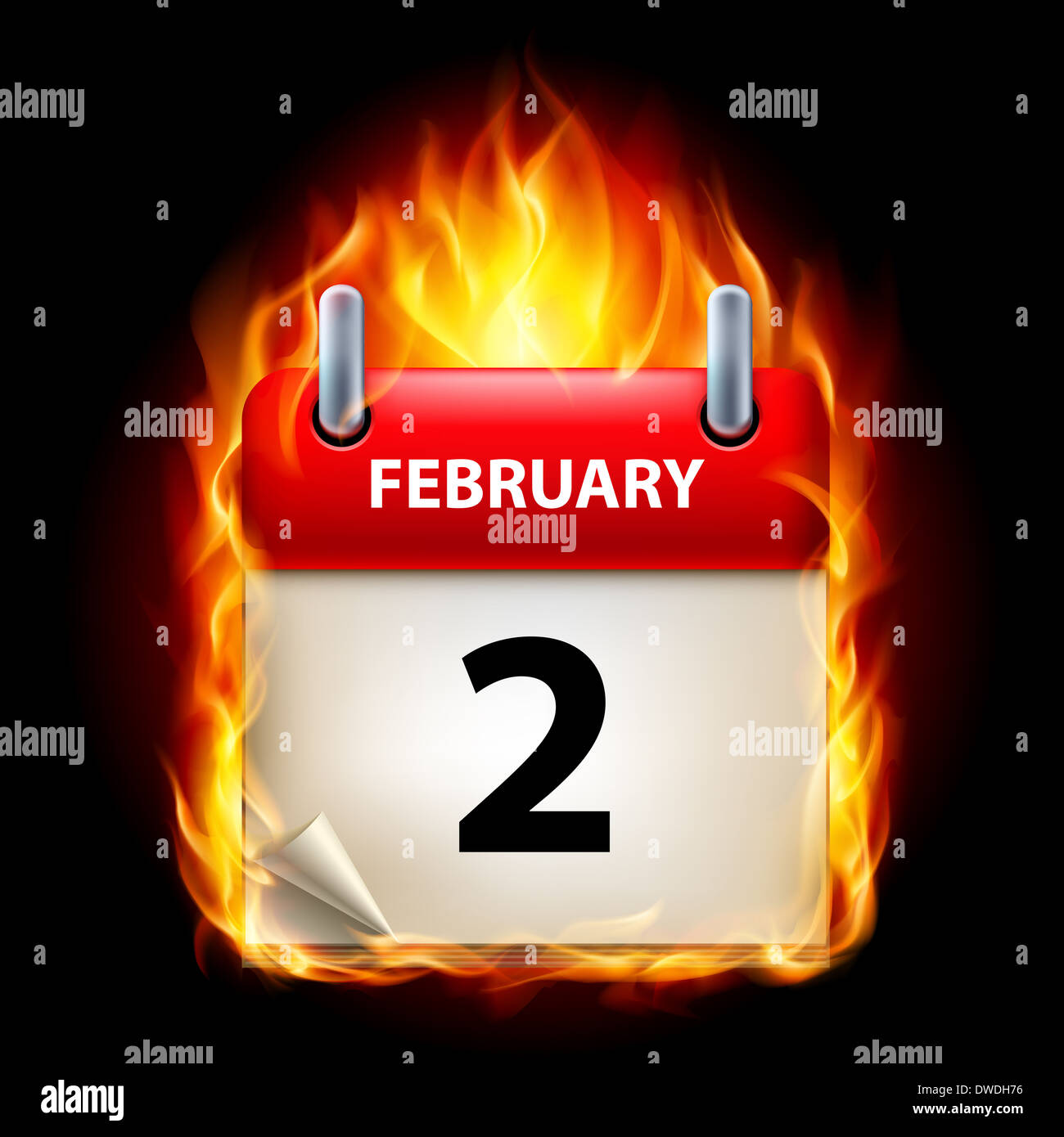 Second February in Calendar. Burning Icon on black background Stock ...