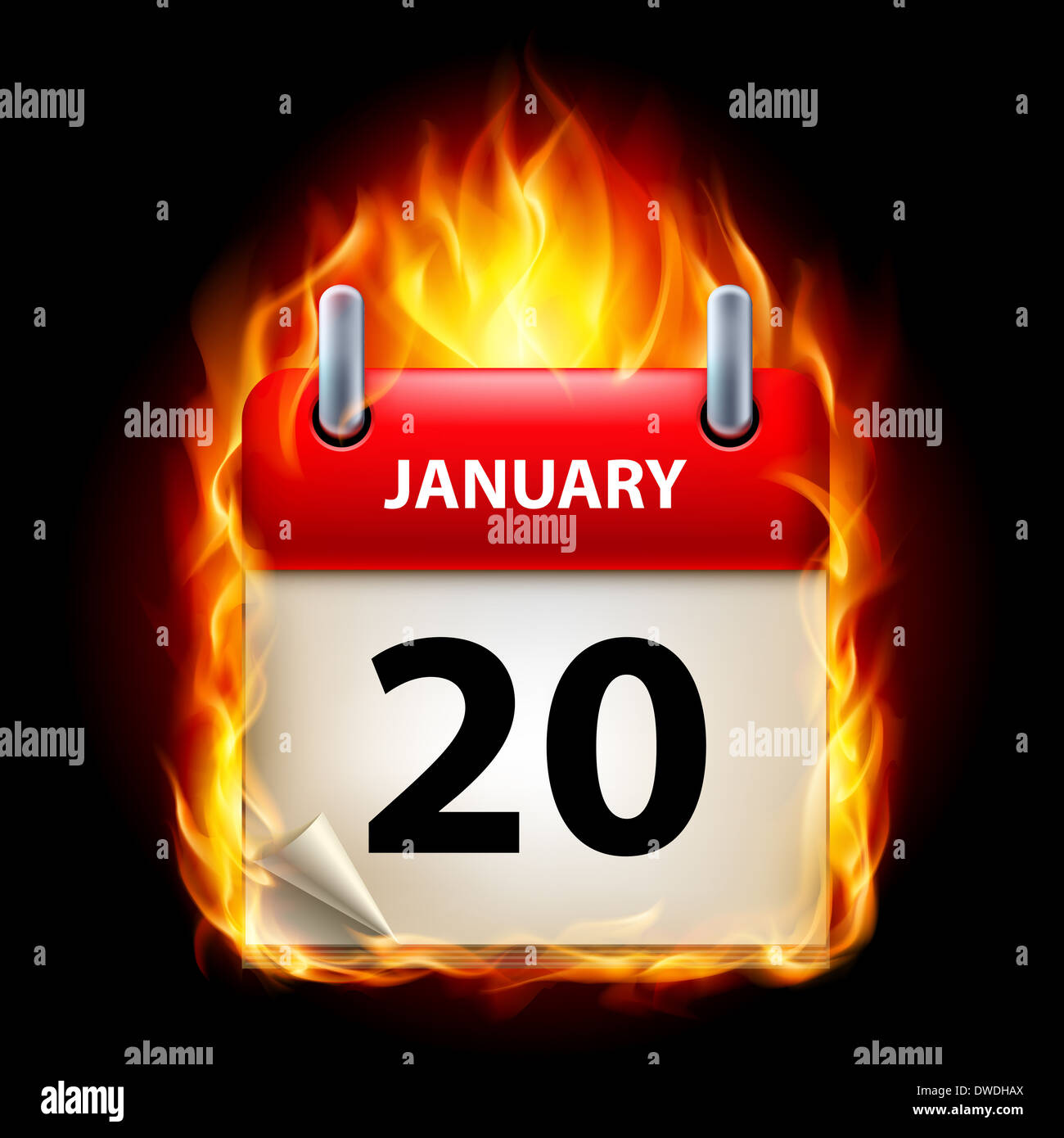 Twentieth January in Calendar. Burning Icon on black background Stock ...