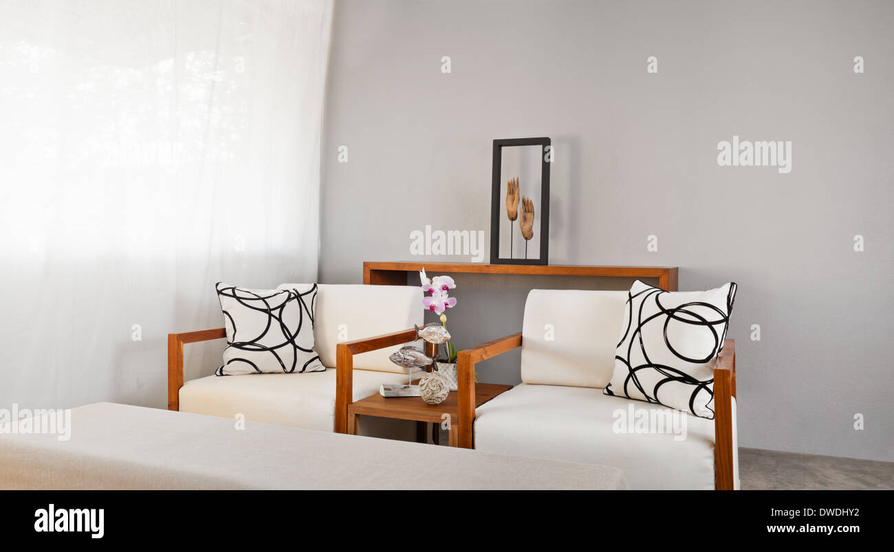 Bright white wooden sofa seat in luxury interior decoration Stock Photo ...