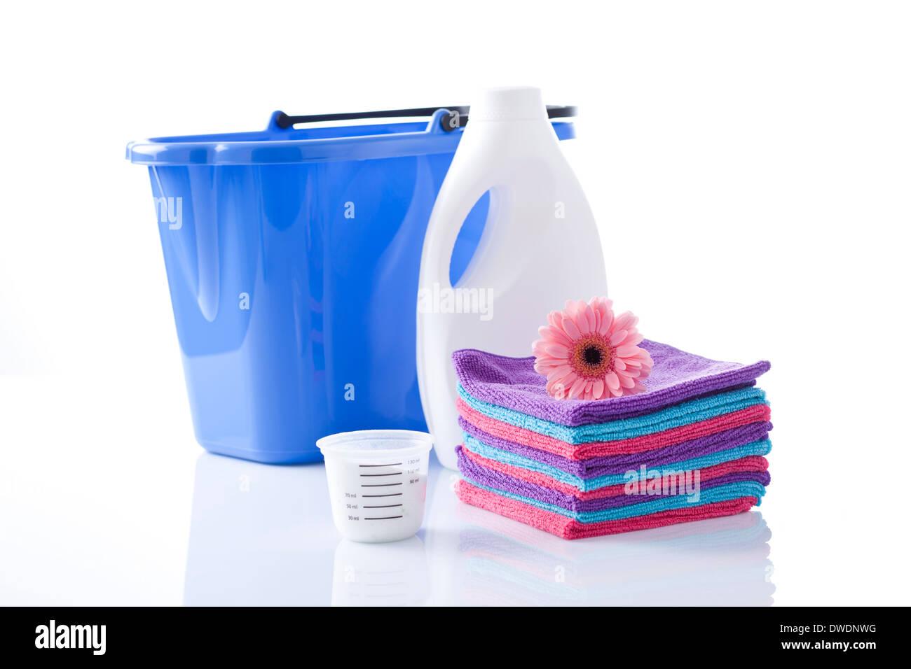 Towels, laundry detergents and bucket isolated Stock Photo - Alamy