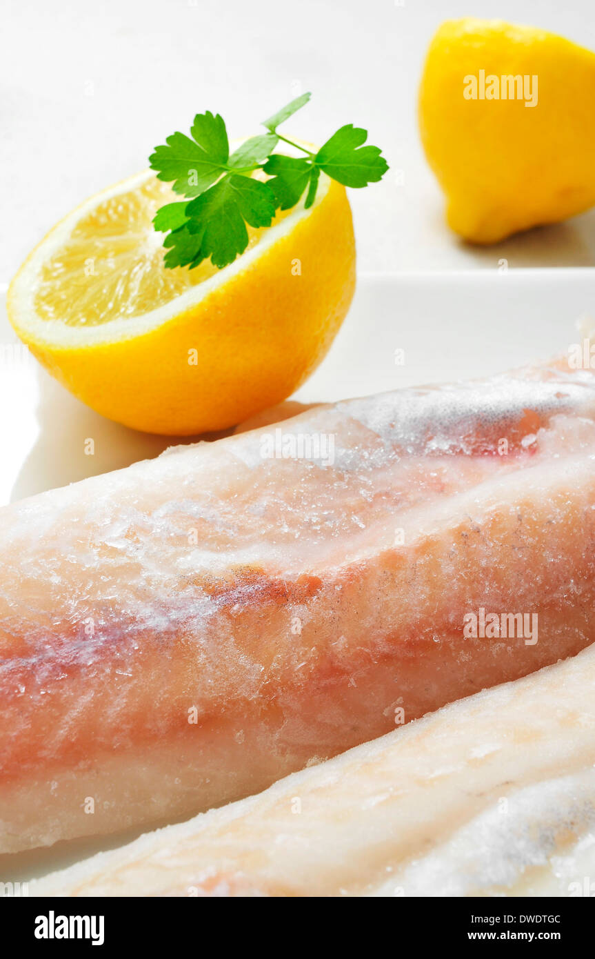 closeup of a plate with some frozen hake fillets Stock Photo - Alamy