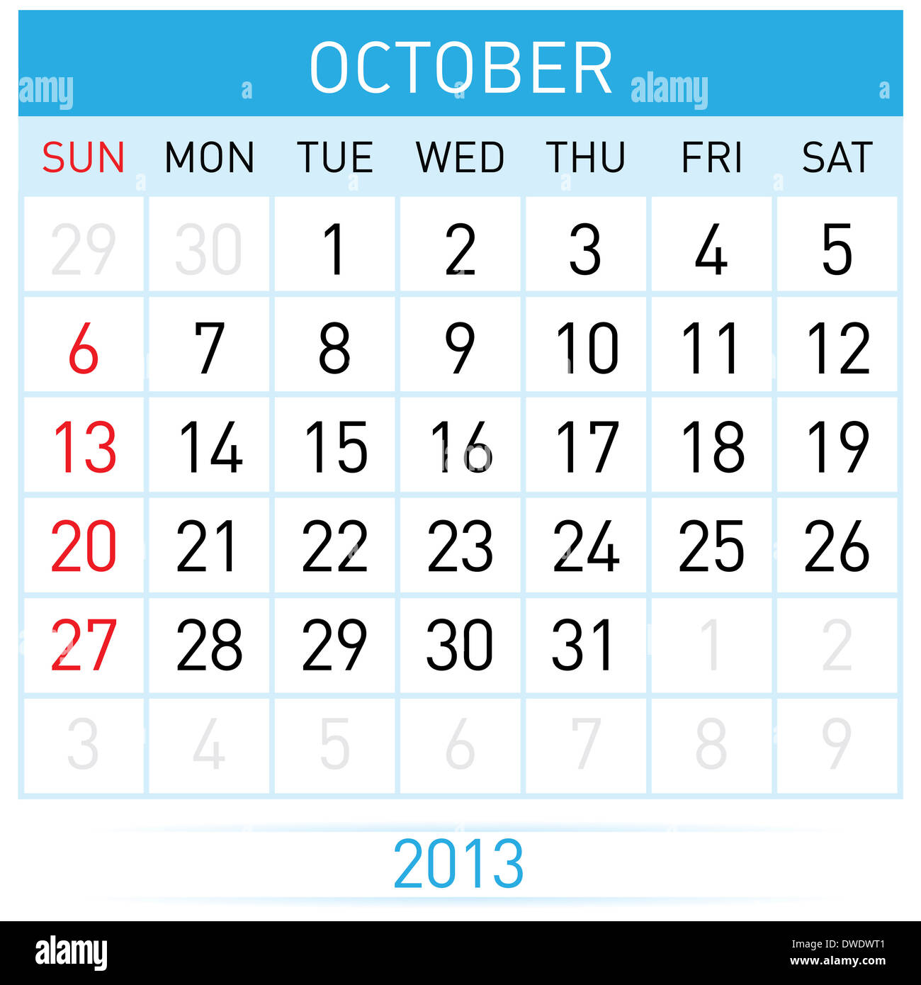 October Twenty-thirteen. Calendar Month. Illustration on white ...