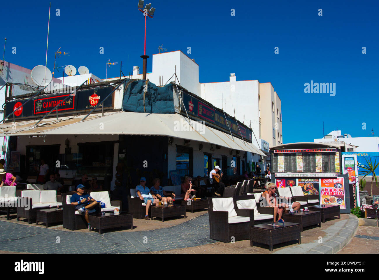 Bar terrace, Paseo Maritimo seaside promenade, Corralejo, Fuerteventura ...