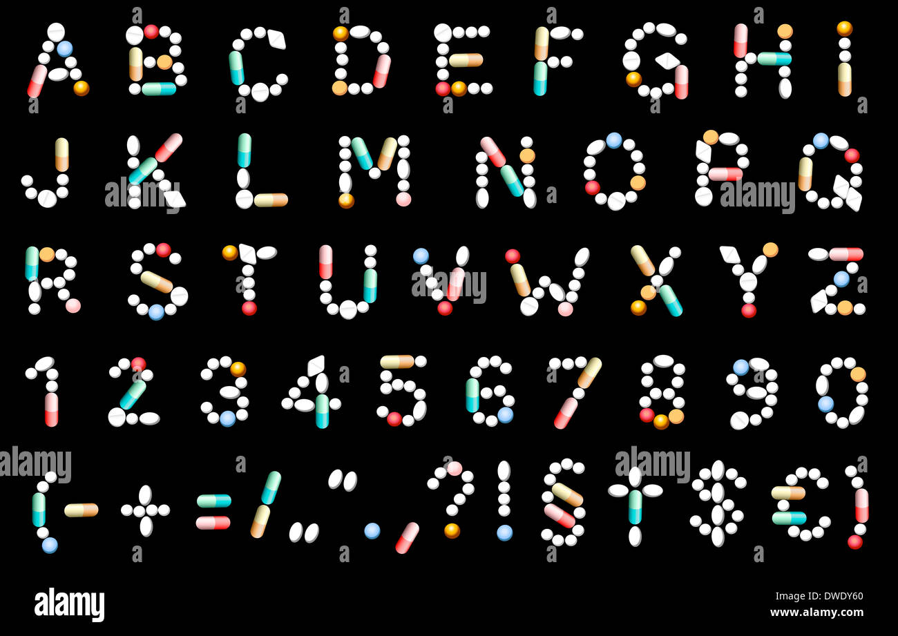 Tablets, pills and capsules, that form letters, numbers and characters ...