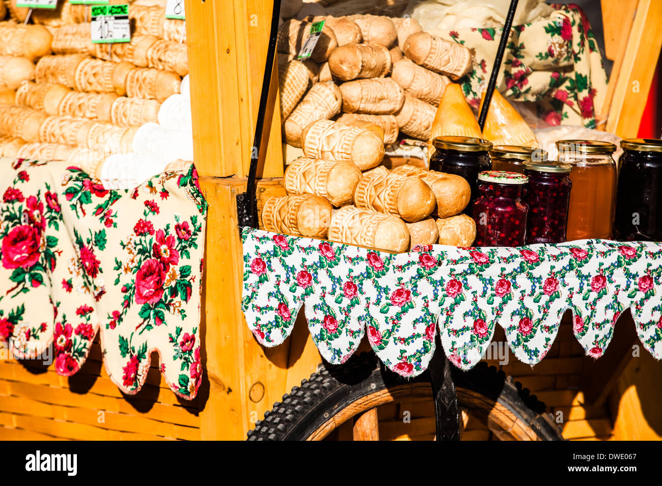 Traditional polish smoked cheese oscypek on outdoor market in Zakopane ...