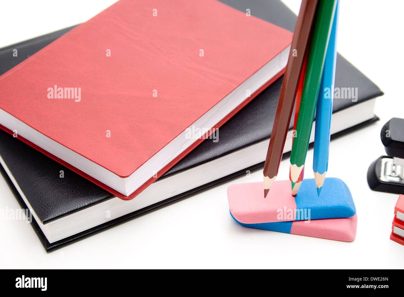 Coloured pencils with erasing rubber Stock Photo - Alamy