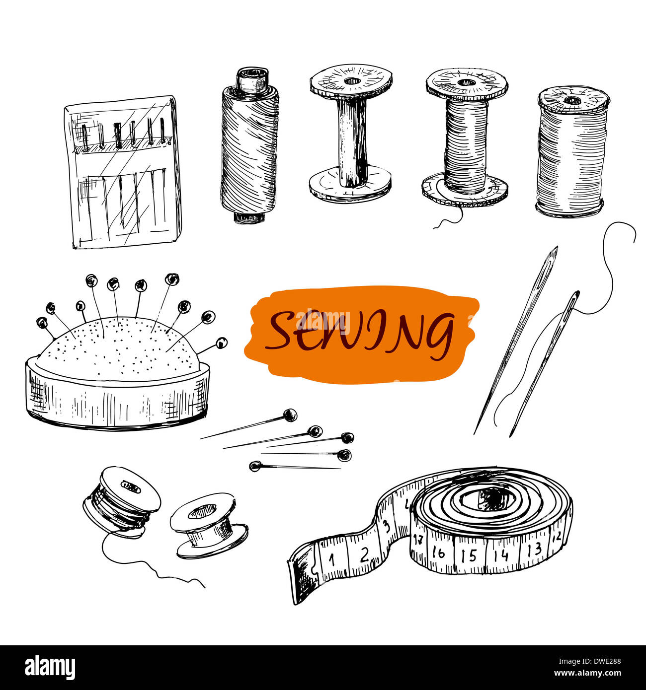 Sewing set. Set of hand drawn illustrations Stock Photo - Alamy