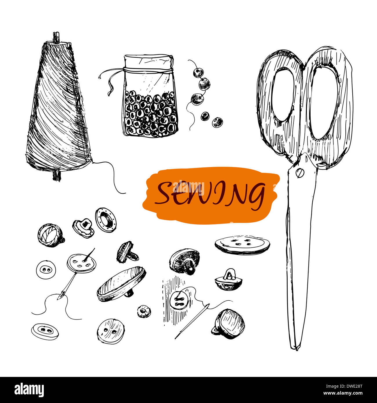 Sewing set. Set of hand drawn illustrations Stock Photo - Alamy