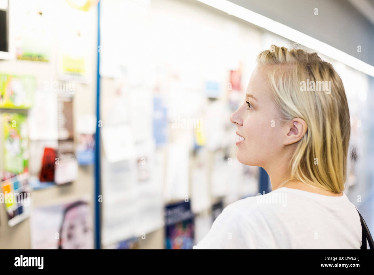 Female student reading notice board in college Stock Photo - Alamy