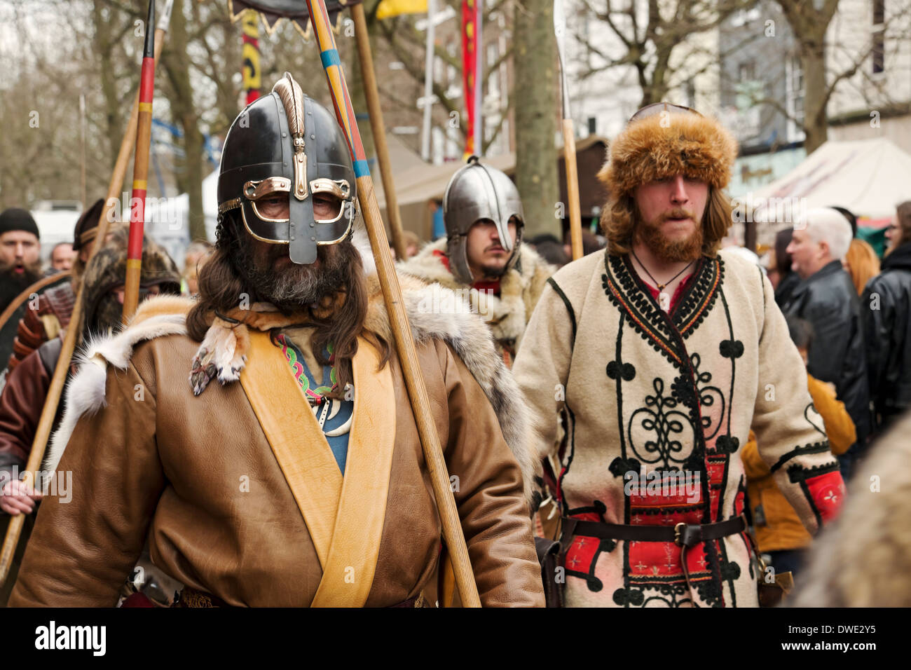 Procession of people in costume through the streets during the Jorvik ...