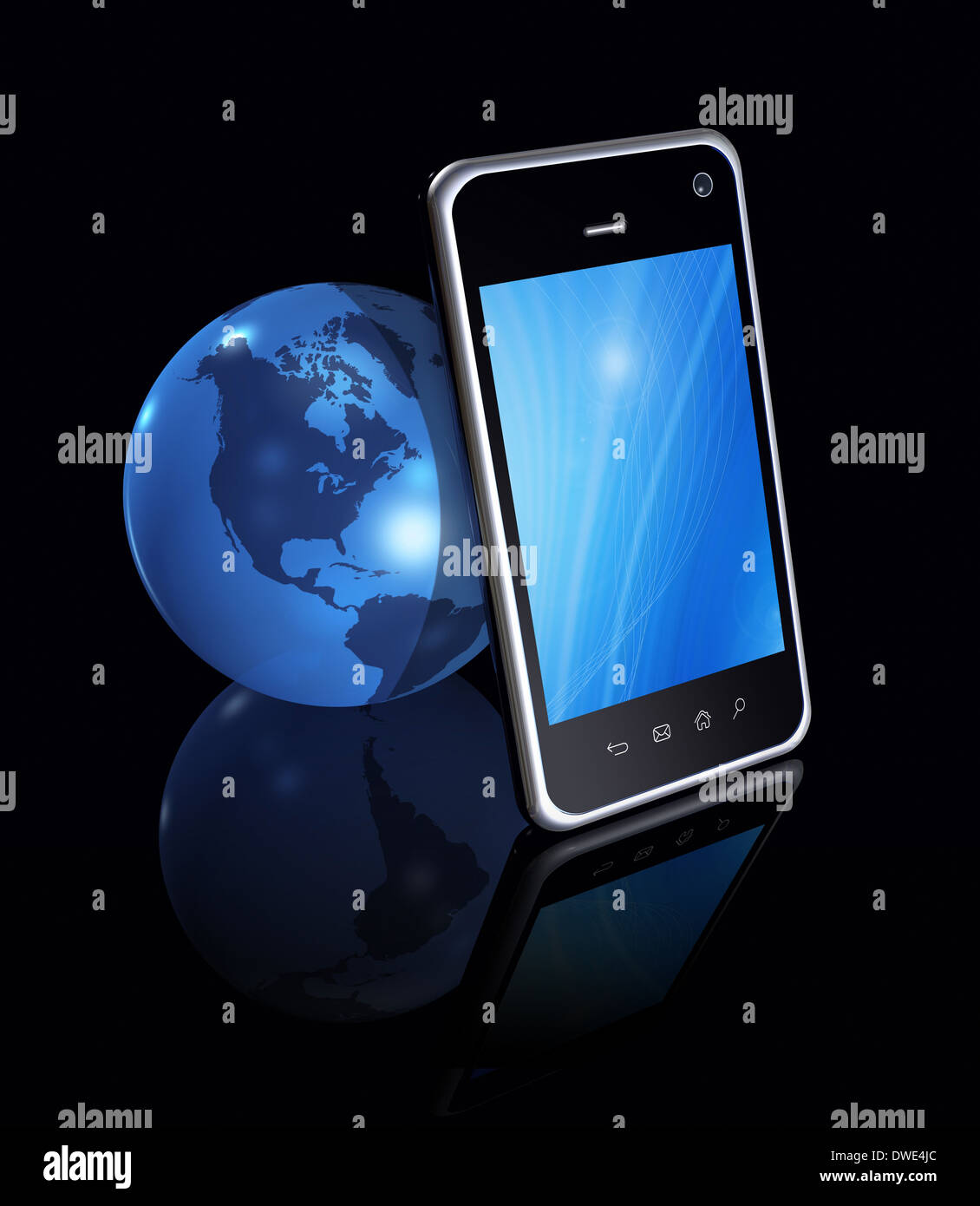3D smartphone, mobile phone and world globe isolated on black Stock ...