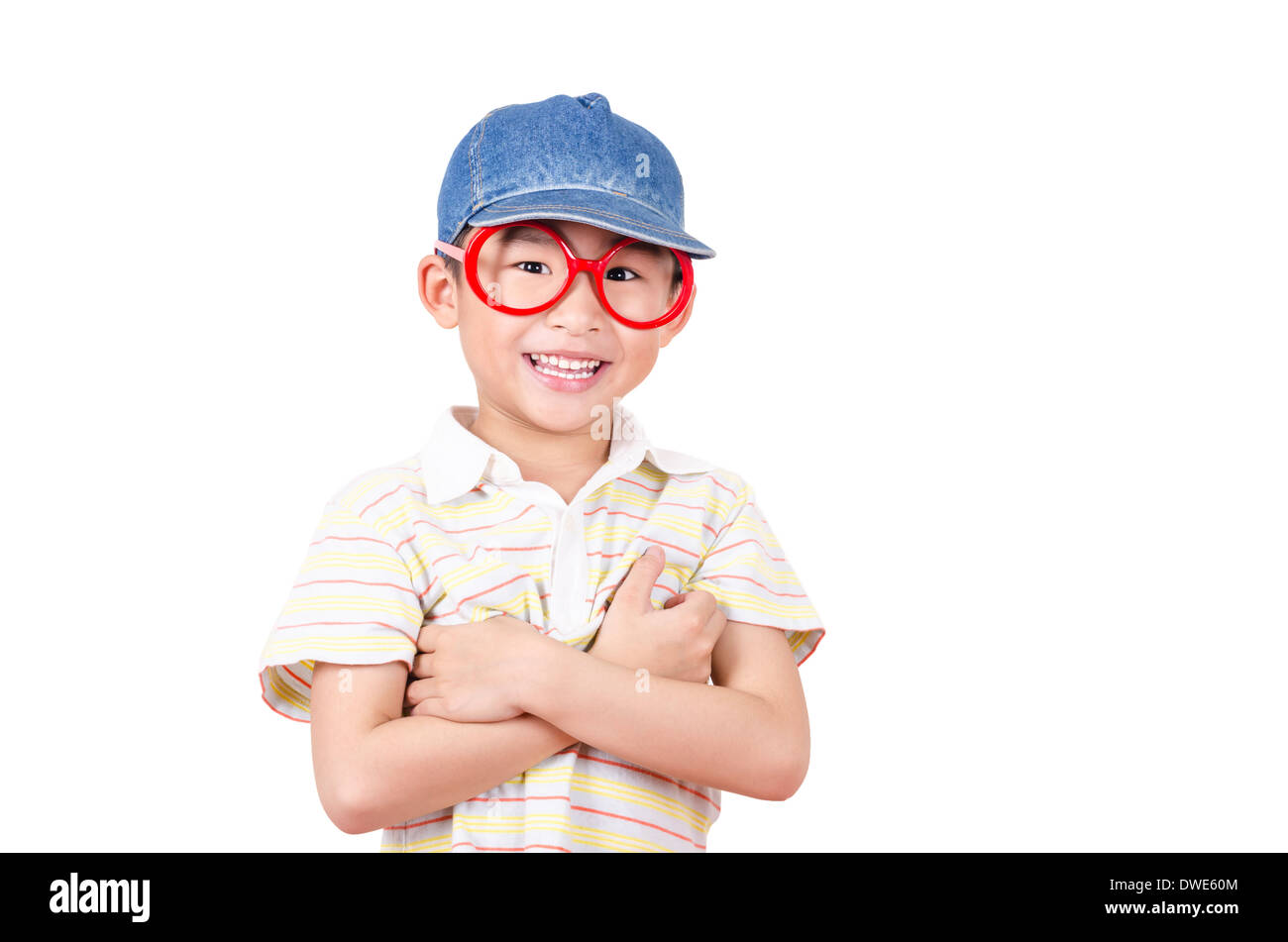 Cute little boy arm folded on white background Stock Photo - Alamy