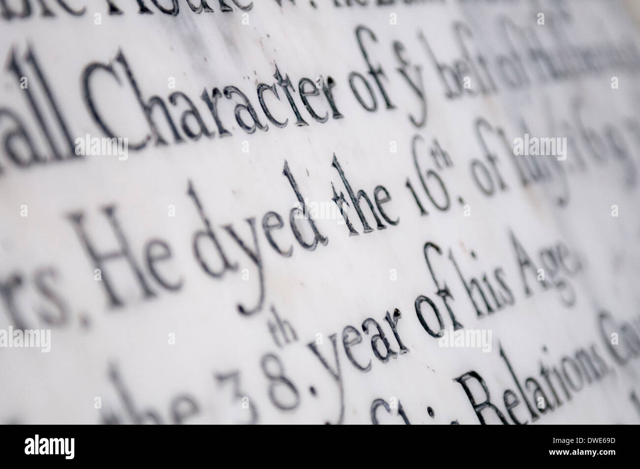 Close up of an inscription on an epitaph inside the Church of St Peter ...