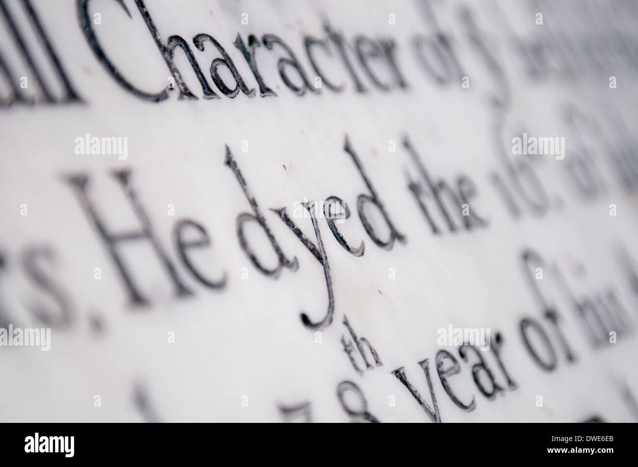 Close up of an inscription on an epitaph inside the Church of St Peter ...